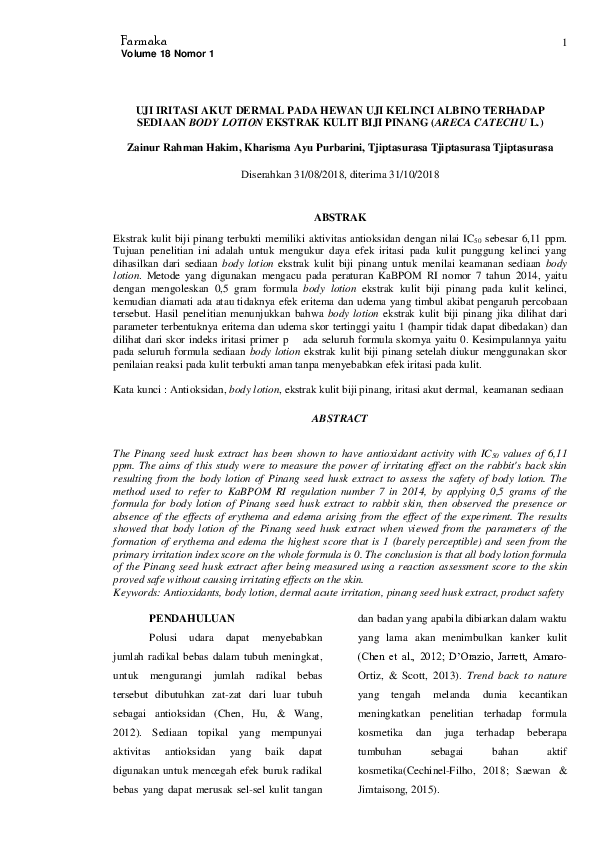 (PDF) UJI IRITASI AKUT DERMAL PADA HEWAN UJI KELINCI ALBINOTERHADAP SEDIAAN BODY LOTION EKSTRAK ...