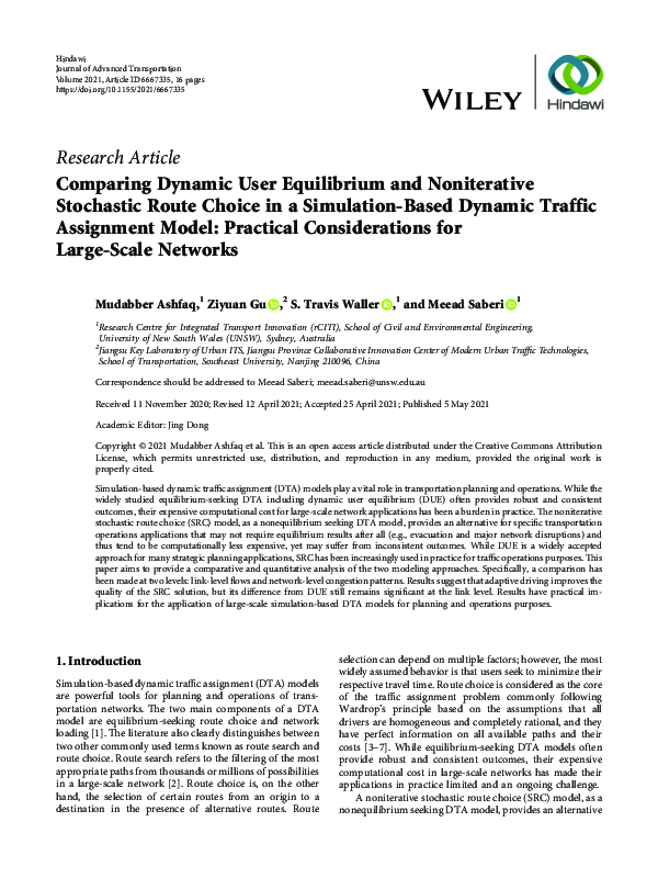 Pdf Comparing Dynamic User Equilibrium And Noniterative Stochastic