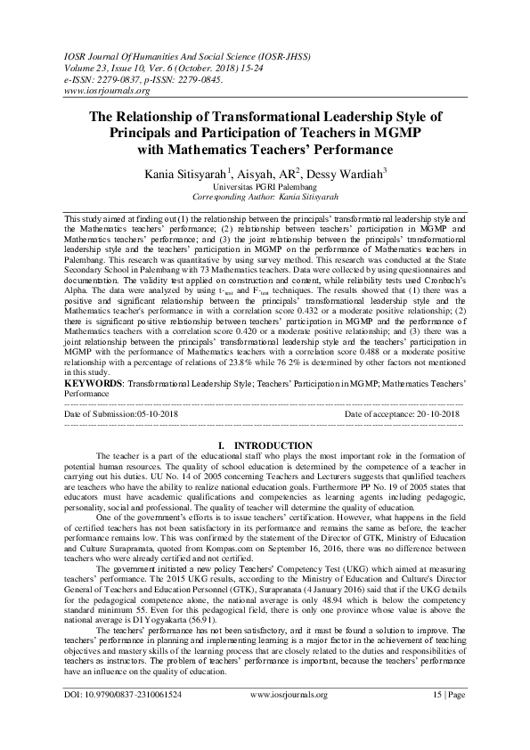 (PDF) The Relationship of Transformational Leadership Style of Principals and Participation of ...
