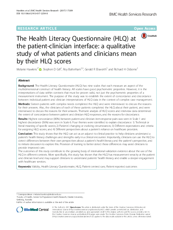 (PDF) The Health Literacy Questionnaire (HLQ) at the patient-clinician ...