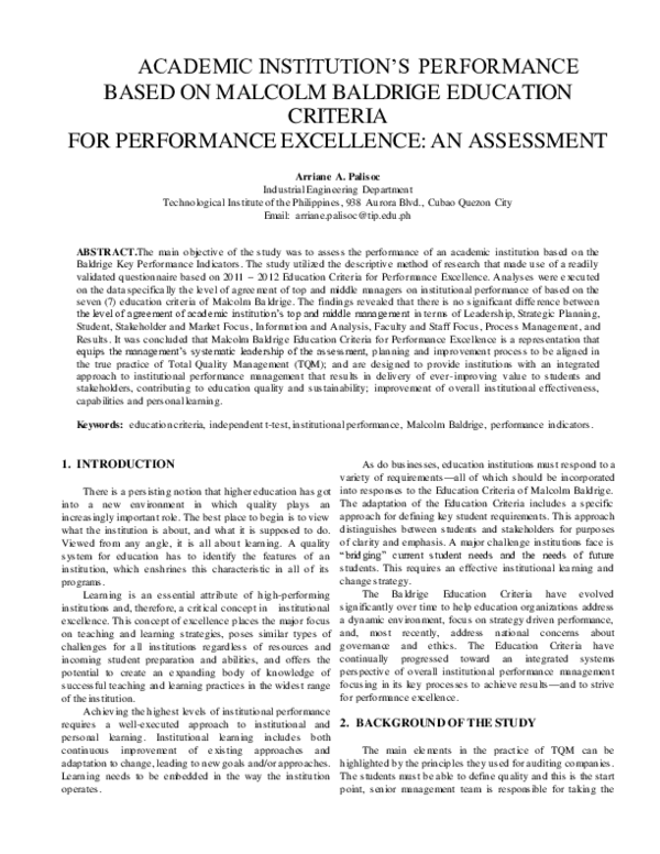 (PDF) Academic Institution’s Performance Based on Malcolm Baldrige ...