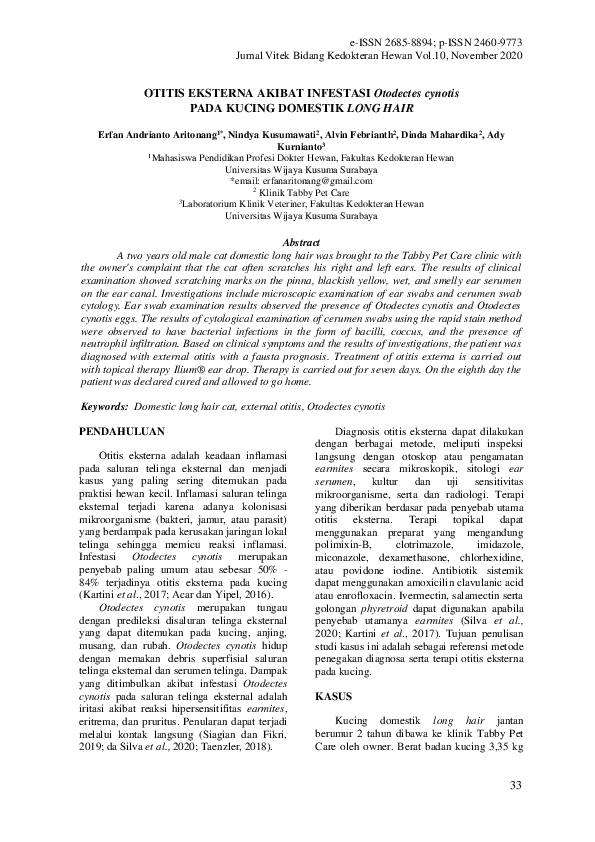 (PDF) OTITIS EKSTERNA AKIBAT INFESTASI Otodectes cynotis PADA KUCING ...