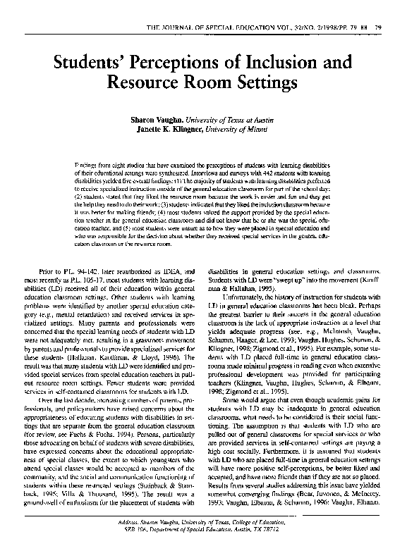 (PDF) Students' perceptions of inclusion and resource room settings