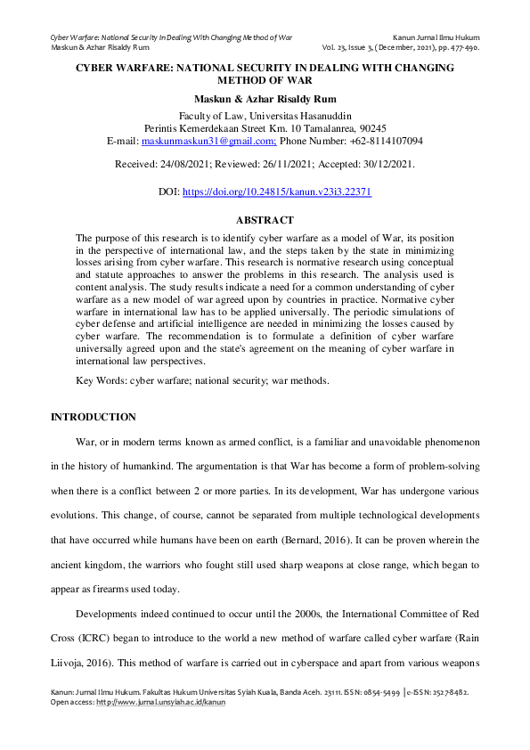 (PDF) Cyber Warfare: National Security In Dealing With Changing Method ...