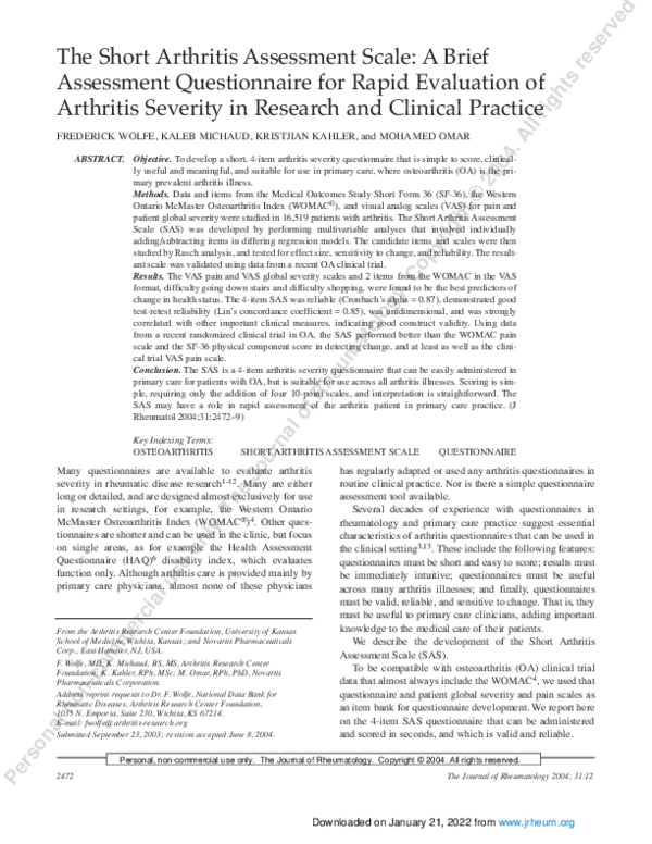 (PDF) The Short Arthritis Assessment Scale: a brief assessment ...