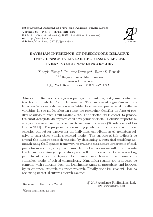 Pdf Bayesian Inference Of Predictors Relative Importance In Linear Regression Model Using
