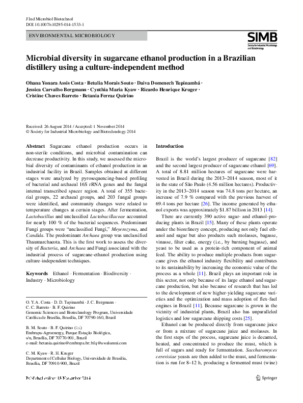 (PDF) Microbial diversity in sugarcane ethanol production in a ...