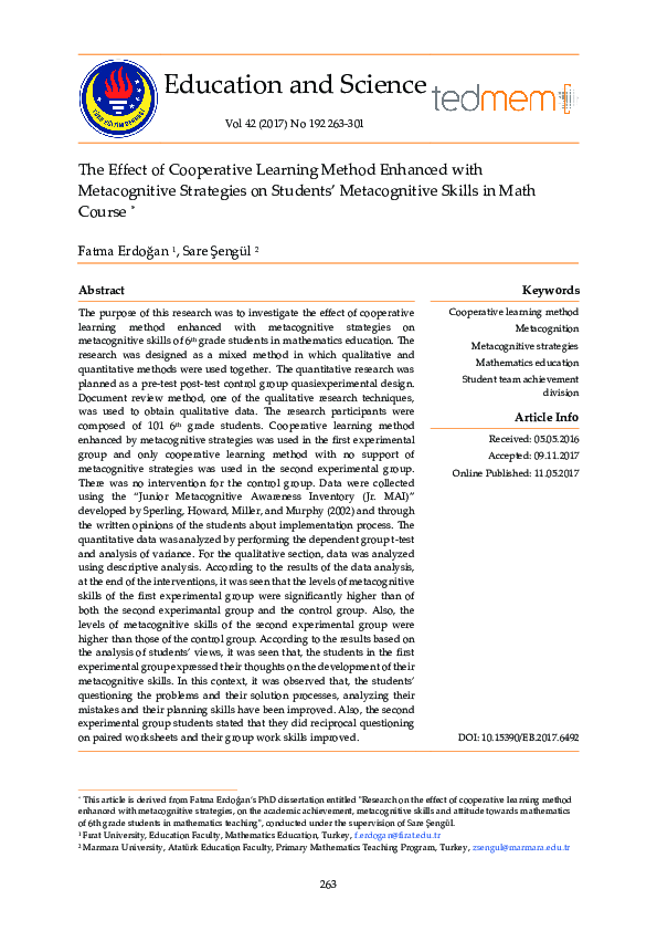 Pdf The Effect Of Cooperative Learning Method Enhanced With Metacognitive Strategies On