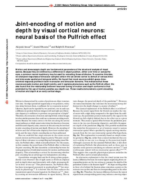 (PDF) Joint-encoding of motion and depth by visual cortical neurons: neural basis of the ...