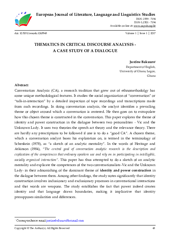 (PDF) Thematics in Critical Discourse Analysis - a Case Study of a Dialogue