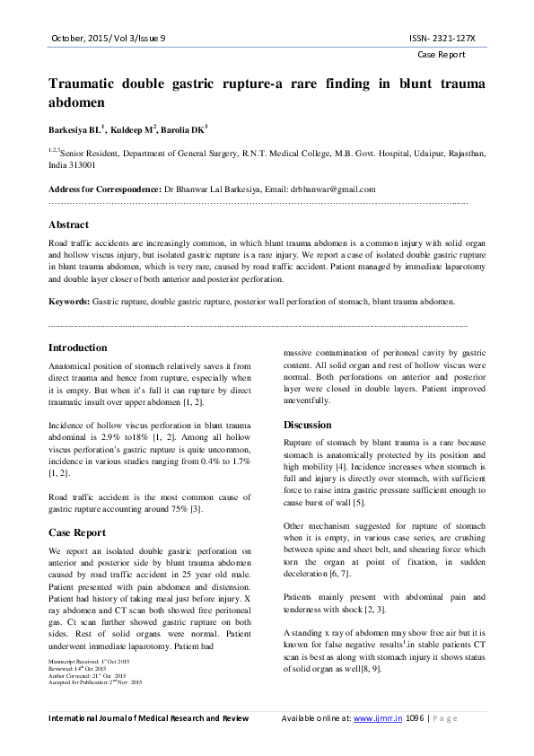 (PDF) Traumatic double gastric rupture-a rare finding in blunt trauma abdomen