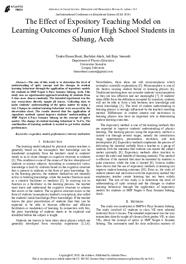 (PDF) The Effect of Expository Teaching Model on Learning Outcomes of ...