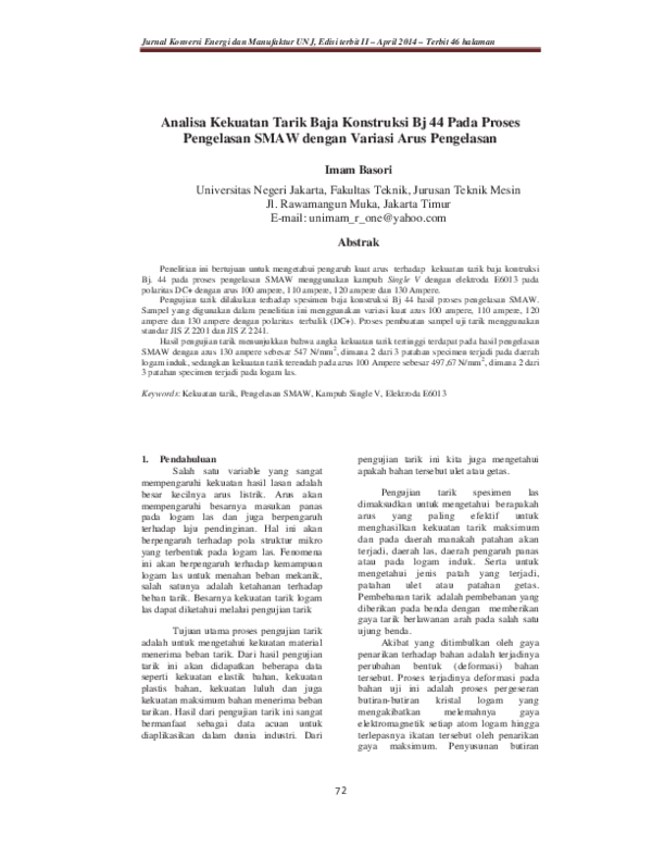 (PDF) Analisa Kekuatan Tarik Baja Konstruksi Bj 44 Pada Proses Pengelasan SMAW dengan Variasi ...