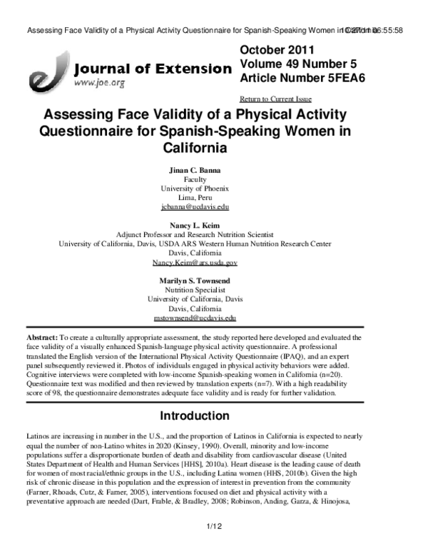 (PDF) Assessing Face Validity of a Physical Activity Questionnaire for ...