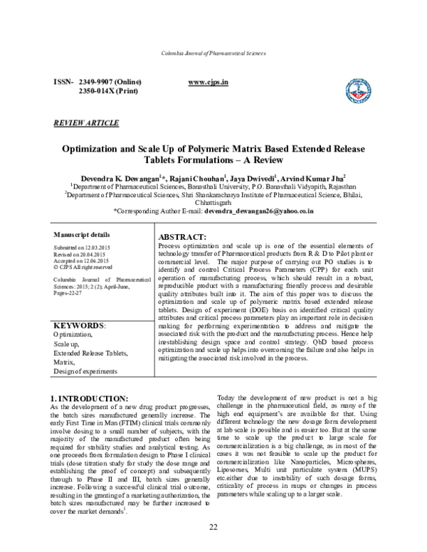 (PDF) Optimization and Scale Up of Polymeric Matrix Based Extended ...