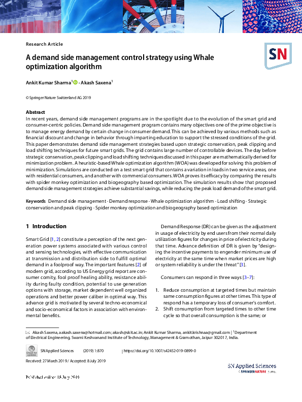Pdf A Demand Side Management Control Strategy Using Whale Optimization Algorithm