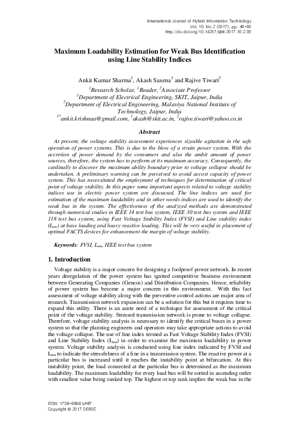 (PDF) Maximum Loadability Estimation for Weak Bus Identification using Line Stability Indices
