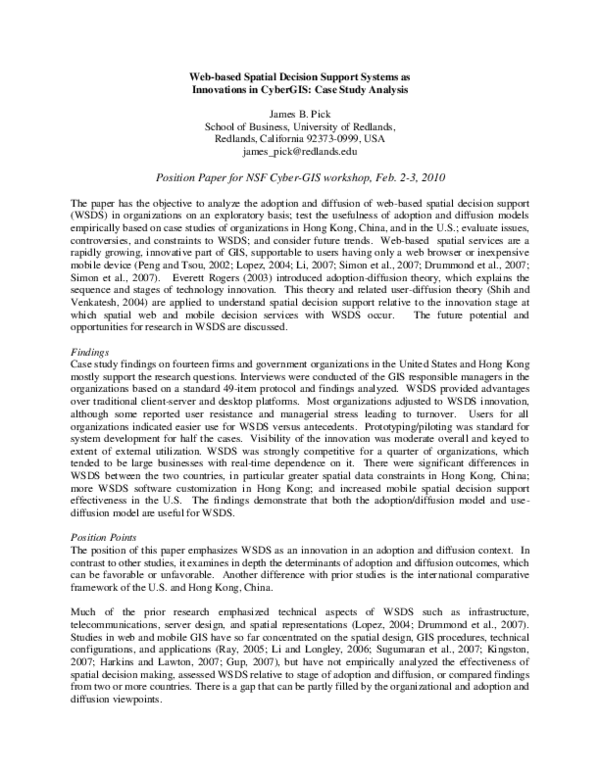 Web-based Spatial Decision Support Systems as Innovations in CyberGIS: Case Study Analysis