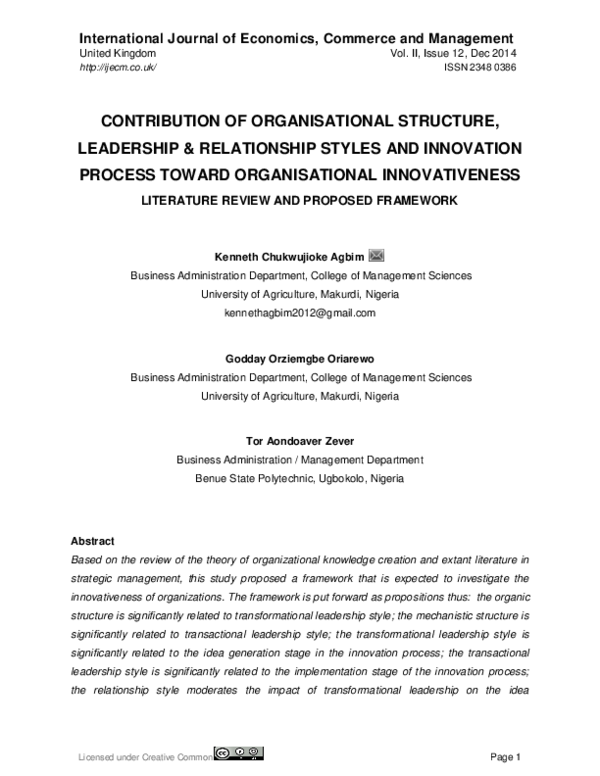(PDF) Contribution of Organisational Structure, Leadership ...