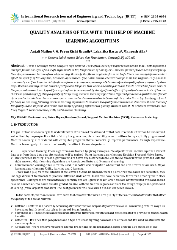(PDF) Quality Analysis of Tea with the Help of Machine Learning Algorithms