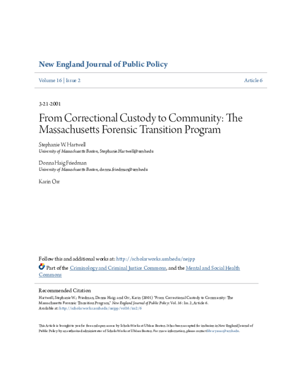 (PDF) From Correctional Custody to Community: The Massachusetts ...