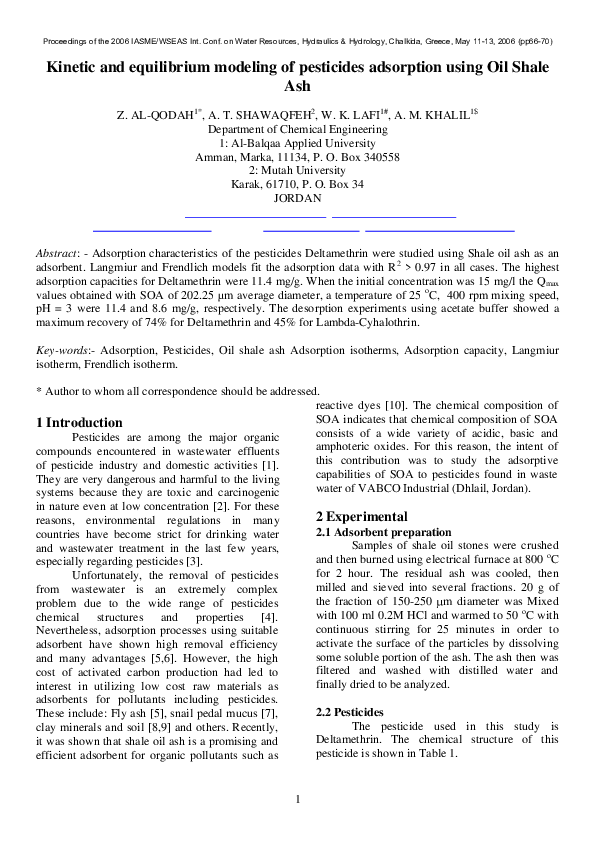 (PDF) Kinetic and equilibrium modeling of pesticides adsorption using ... (PDF) Kinetic and equilibrium modeling of pesticides adsorption using ...
