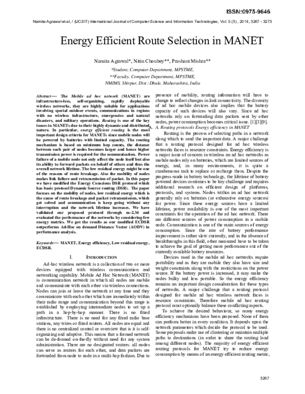 (PDF) Energy Efficient Route Selection in MANET