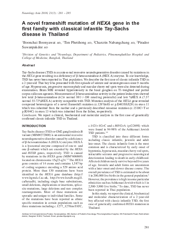 (PDF) A novel frameshift mutation of HEXA gene in the first family with ...