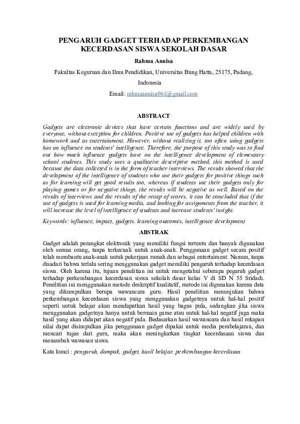 (DOC) PENGARUH GADGET TERHADAP PERKEMBANGAN KECERDASAN SISWA SEKOLAH DASAR