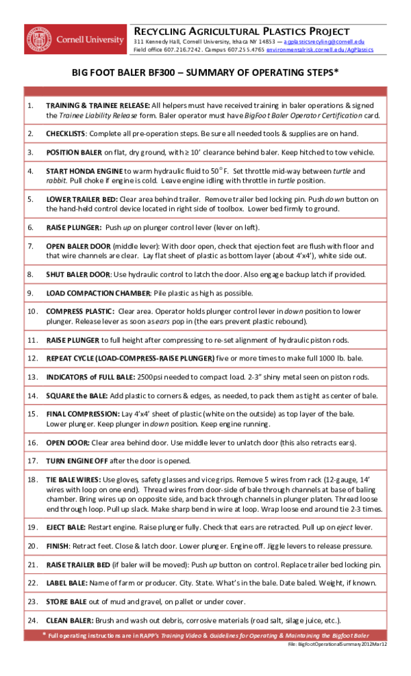 (PDF) Big Foot Baler BF300—Summary of operating steps