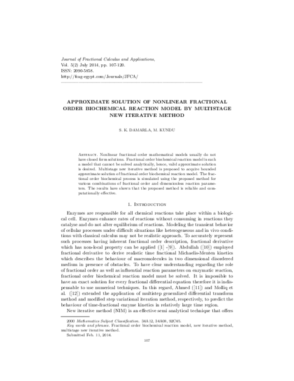 Pdf Approximate Solution Of Nonlinear Fractional Order Biochemical Reaction Model By