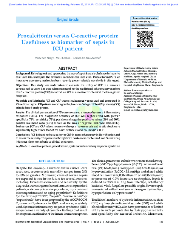 (PDF) Procalcitonin versus C-reactive protein: Usefulness as biomarker ...