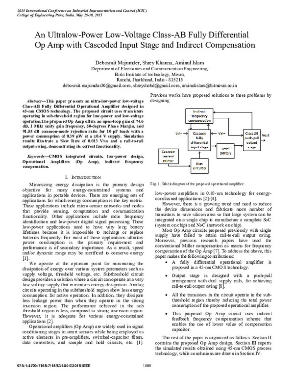 Pdf An Ultralow Power Low Voltage Class Ab Fully Differential Op Amp With Cascoded Input Stage