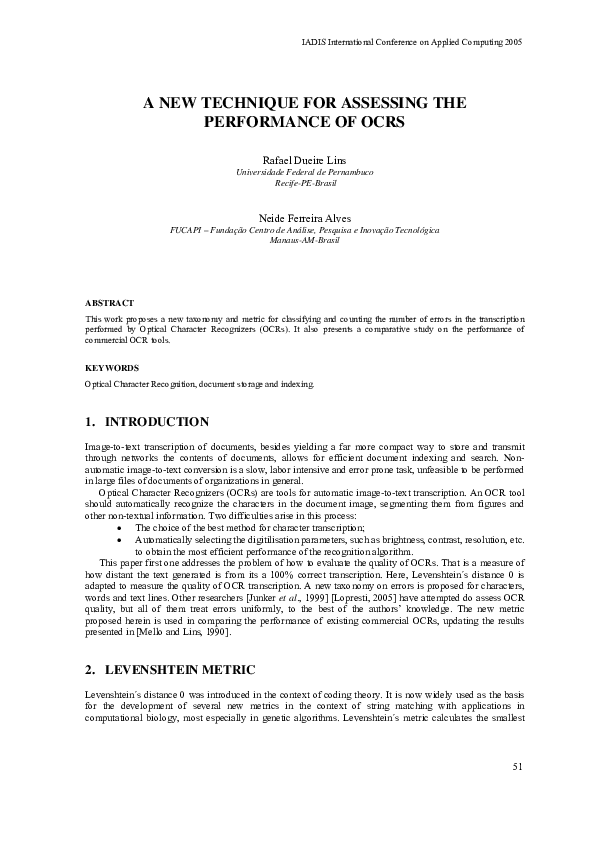 (PDF) A new technique for assessing the performance of OCRs