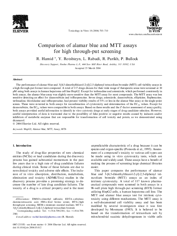 (PDF) Comparison of alamar blue and MTT assays for high through-put ...