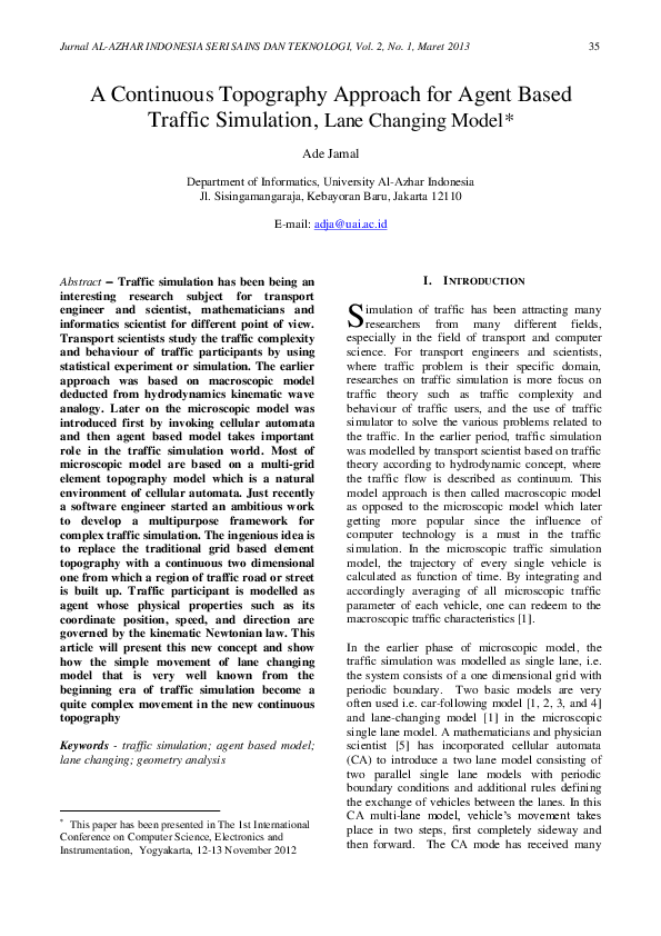 (PDF) A Continuous Topography Approach for Agent Based Traffic Simulation, Lane Changing Model