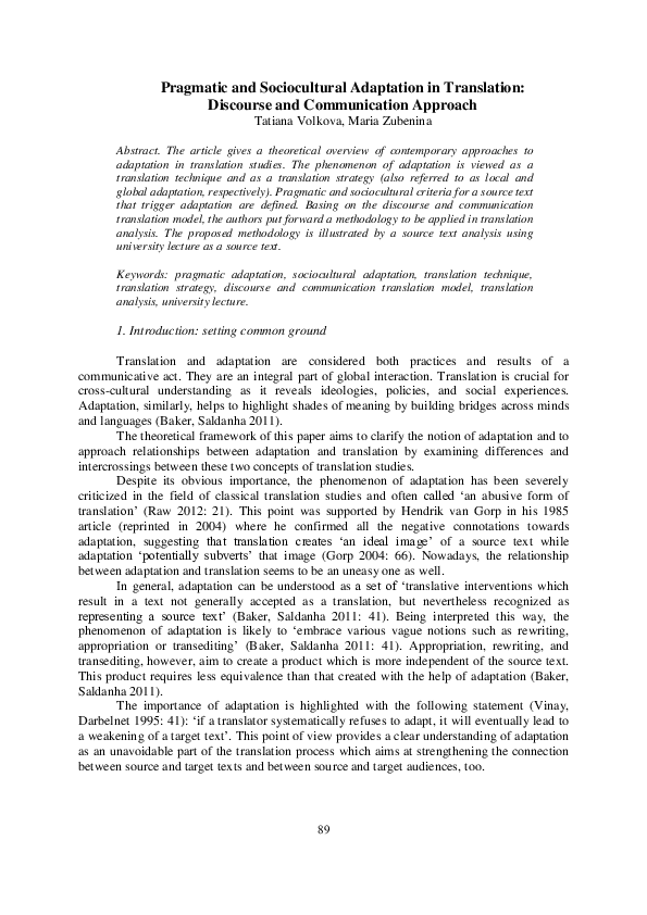 (PDF) Pragmatic and Sociocultural Adaptation in Translation: Discourse ...