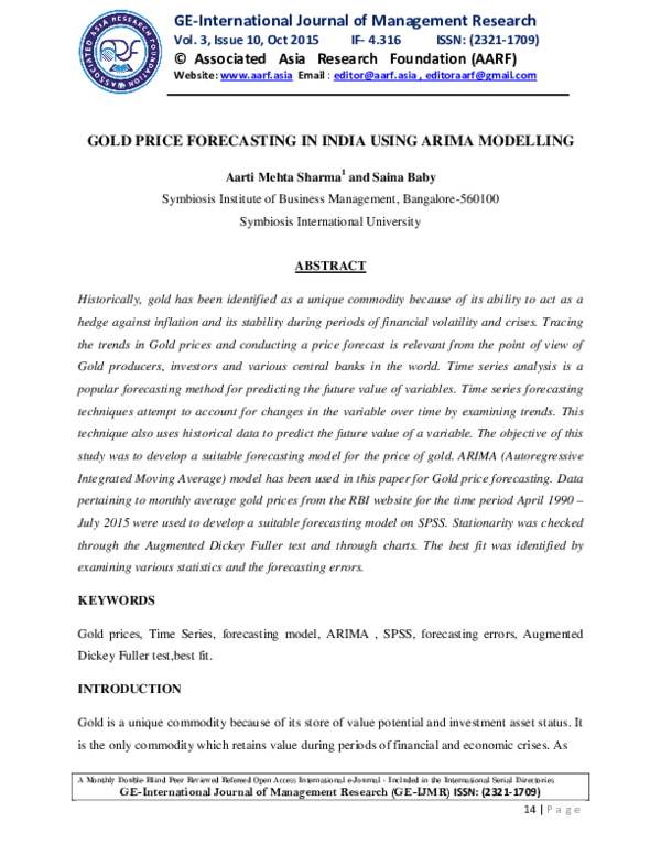 Pdf Gold Price Forecasting In India Using Arima Modelling