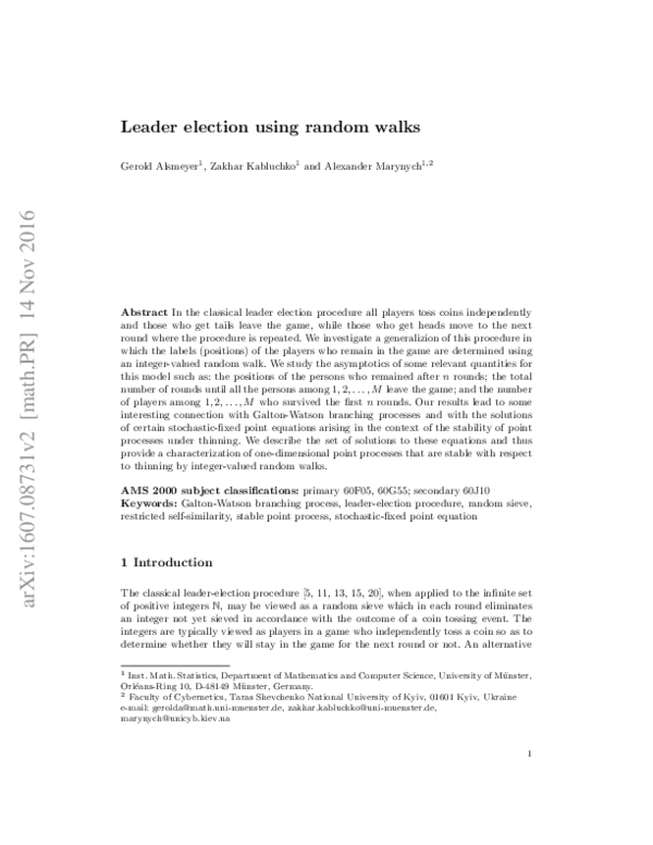 (PDF) Leader election using random walks