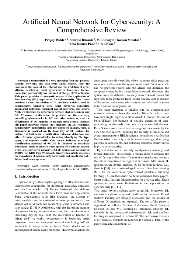 Artificial Neural Network for Cybersecurity: A Comprehensive Review