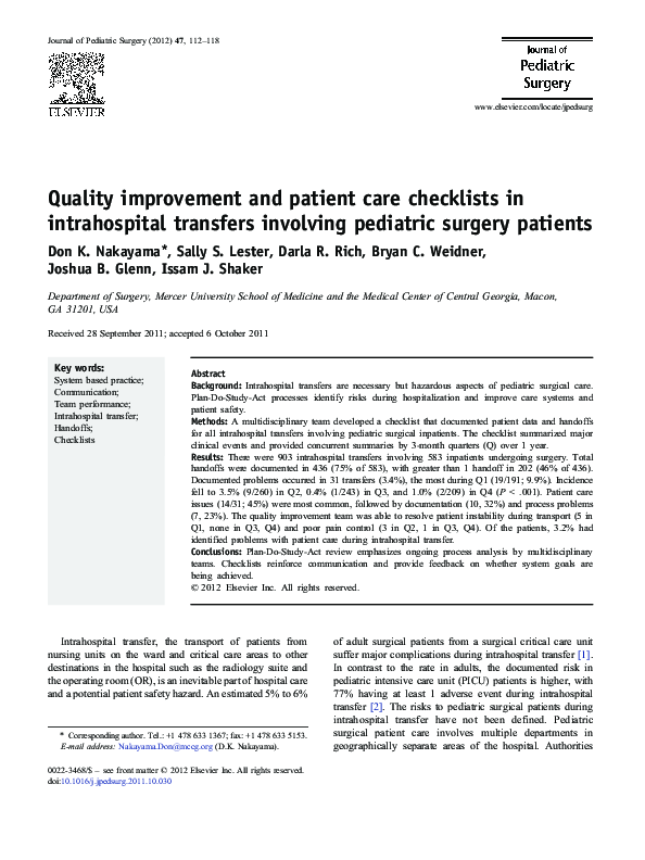 (PDF) Quality improvement and patient care checklists in intrahospital ...