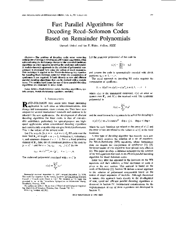 (PDF) Fast parallel algorithms for decoding Reed-Solomon codes based on ...
