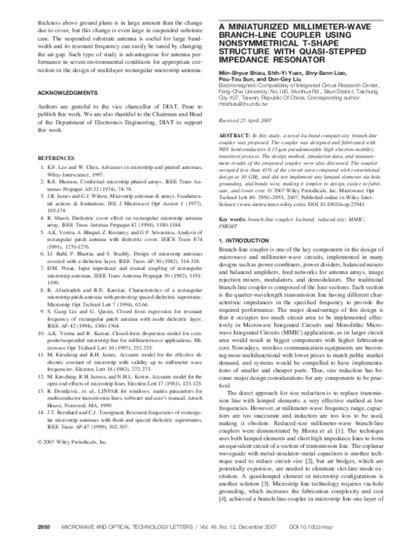 Pdf A Miniaturized Millimeter Wave Branch Line Coupler Using Nonsymmetrical T Shape Structure