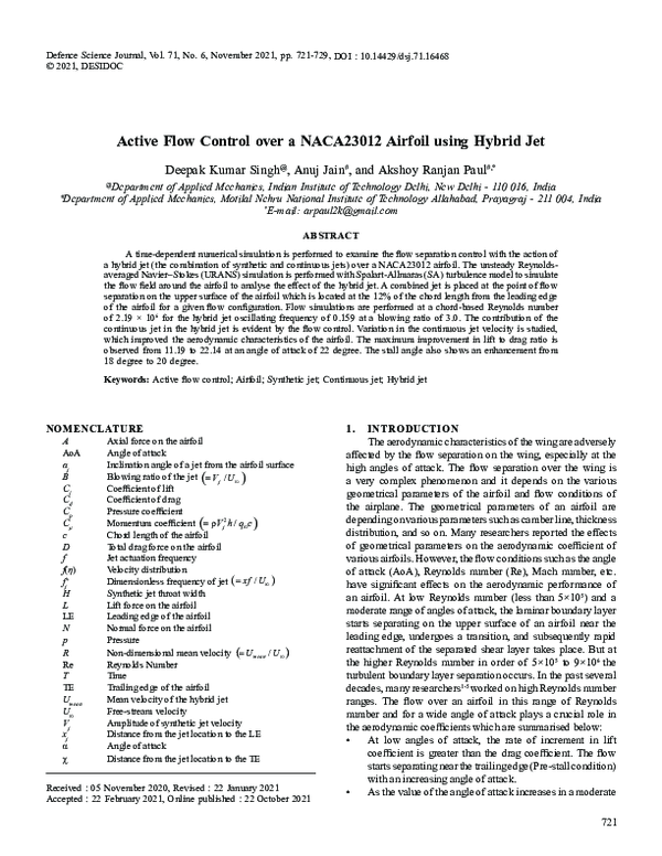 (PDF) Active Flow Control over a NACA23012 Airfoil using Hybrid Jet