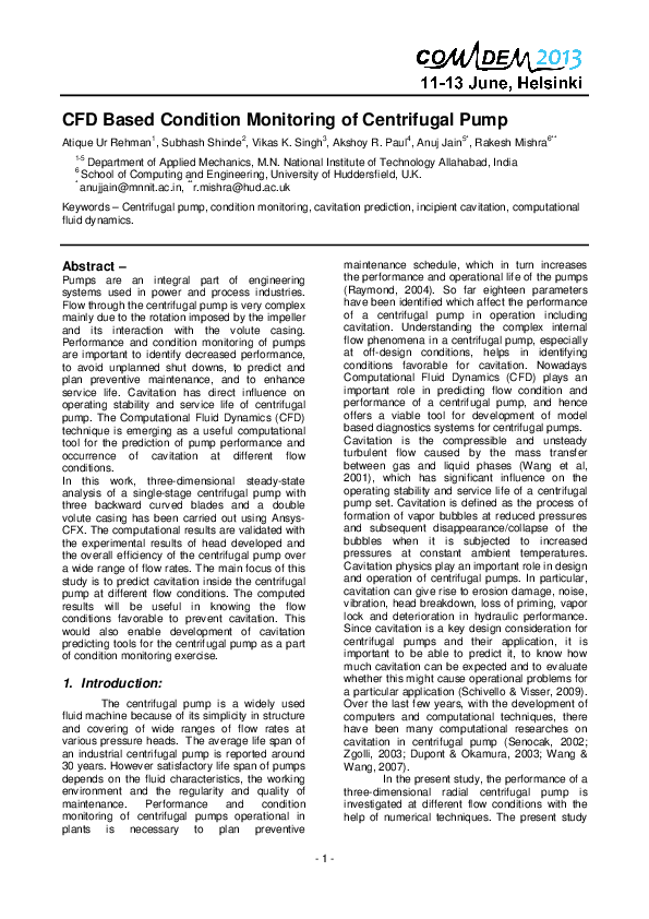 (PDF) CFD based condition monitoring of centrifugal pumps
