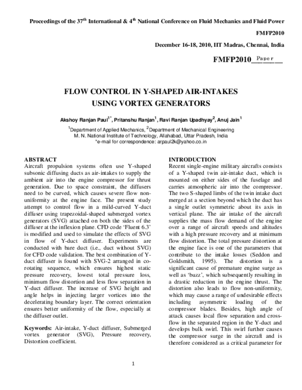 (PDF) “Flow control in Y shaped air intake using vortex generator”