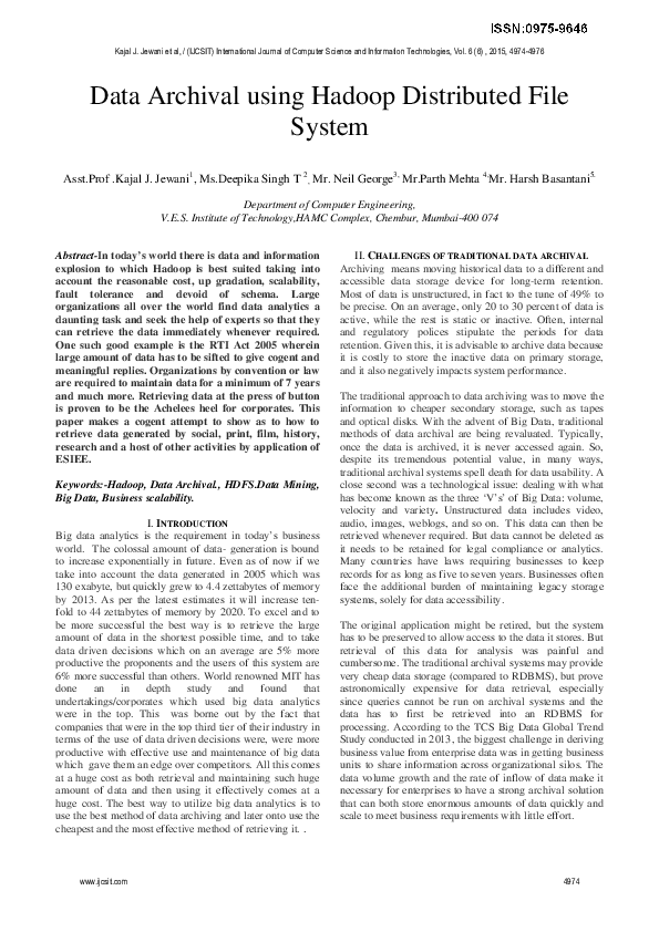 (PDF) Data Archival using Hadoop Distributed File System