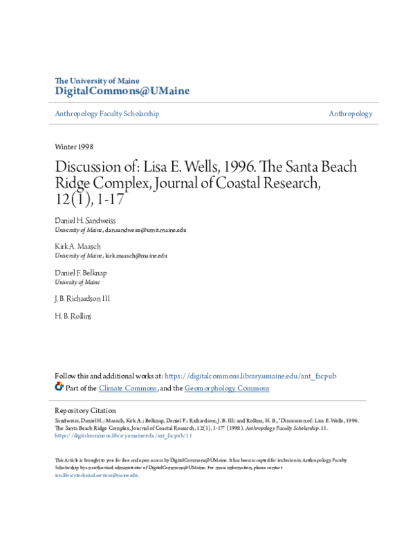 (PDF) Discussion of: Lisa E. Wells, 1996. The Santa Beach Ridge Complex ...
