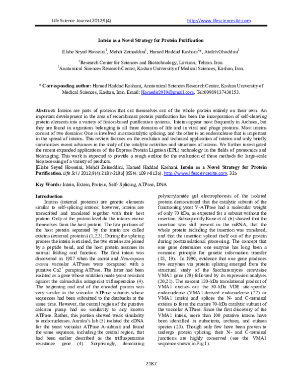 (PDF) Intein as a Novel Strategy for Protein Purification