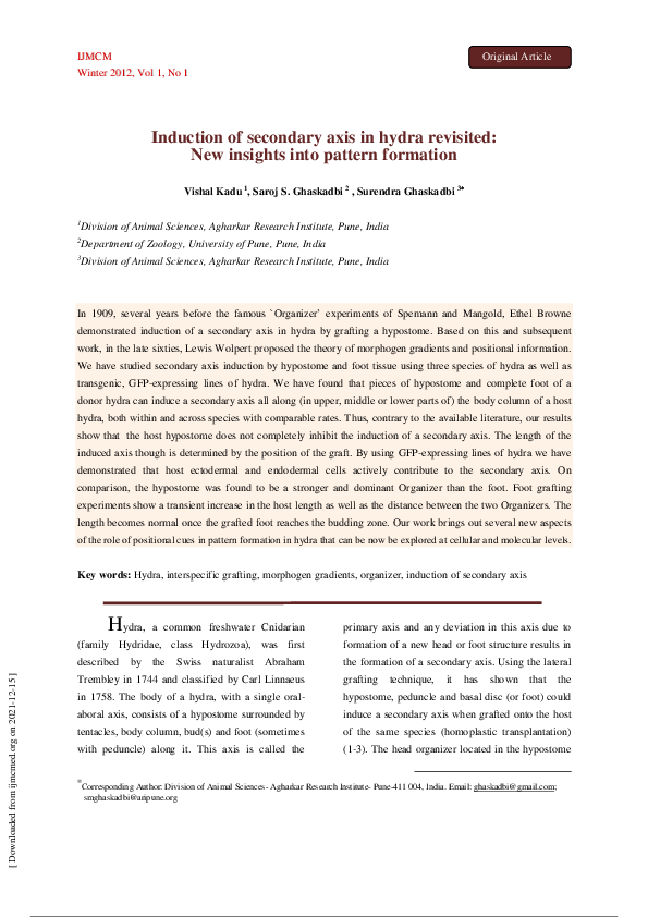 (PDF) Induction of secondary axis in hydra revisited: New insights into ...